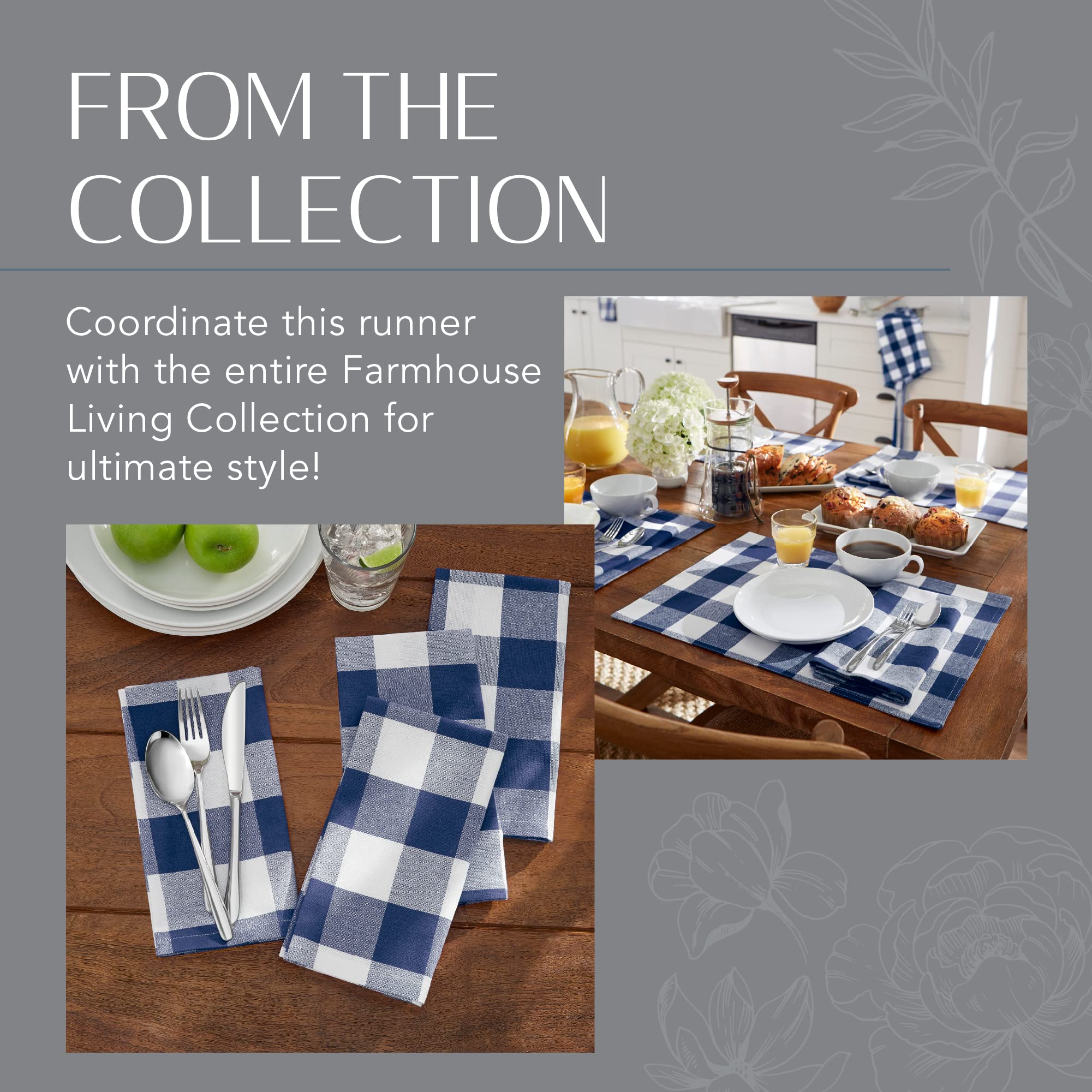 Elrene Home Fashions Farmhouse Living Buffalo-Check Table Runner, Rustic Kitchen and Table Linens, 13" x 70", Blue/White