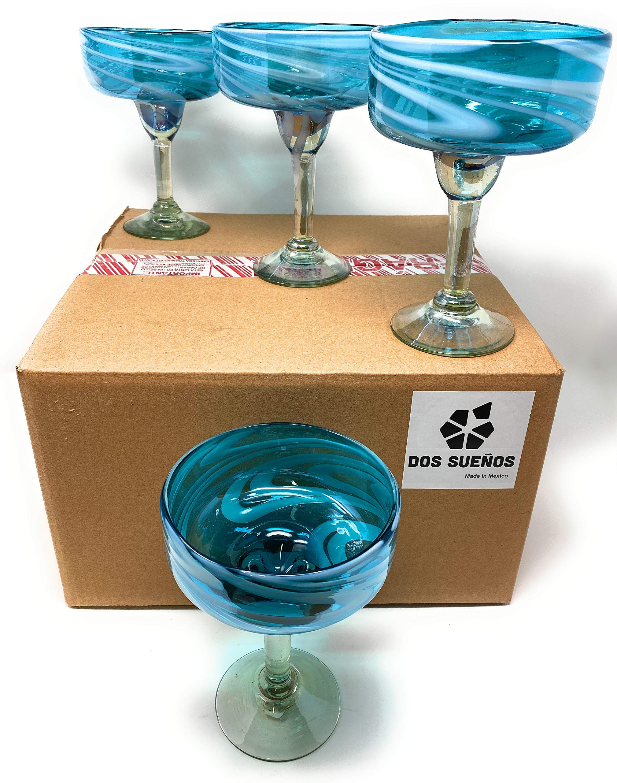 Dos Sueños Mexican Hand Blown Glass – Set of 4 Hand Blown Margarita Glasses Aqua Swirl (16 oz)