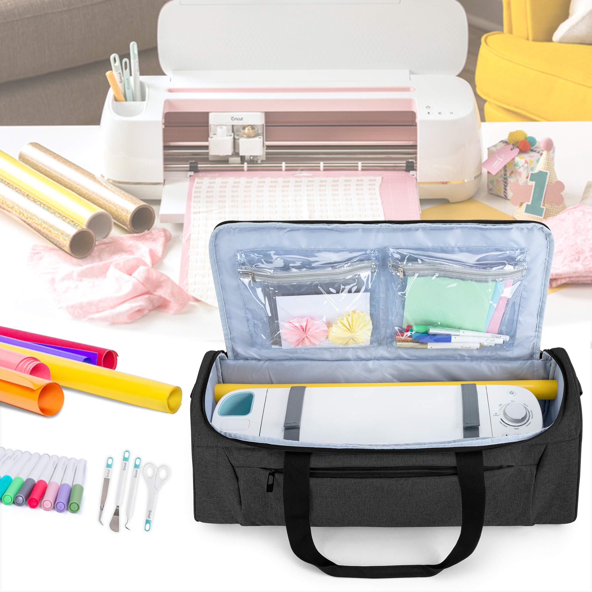 CURMIO Carrying Case Compatible with Cricut Explore Air 2, Cricut Maker, Silhouette Cameo 4 and Cameo 3, Craft Storage Bag with Pockets for Die Cutting Machine, Black(Patented Design)