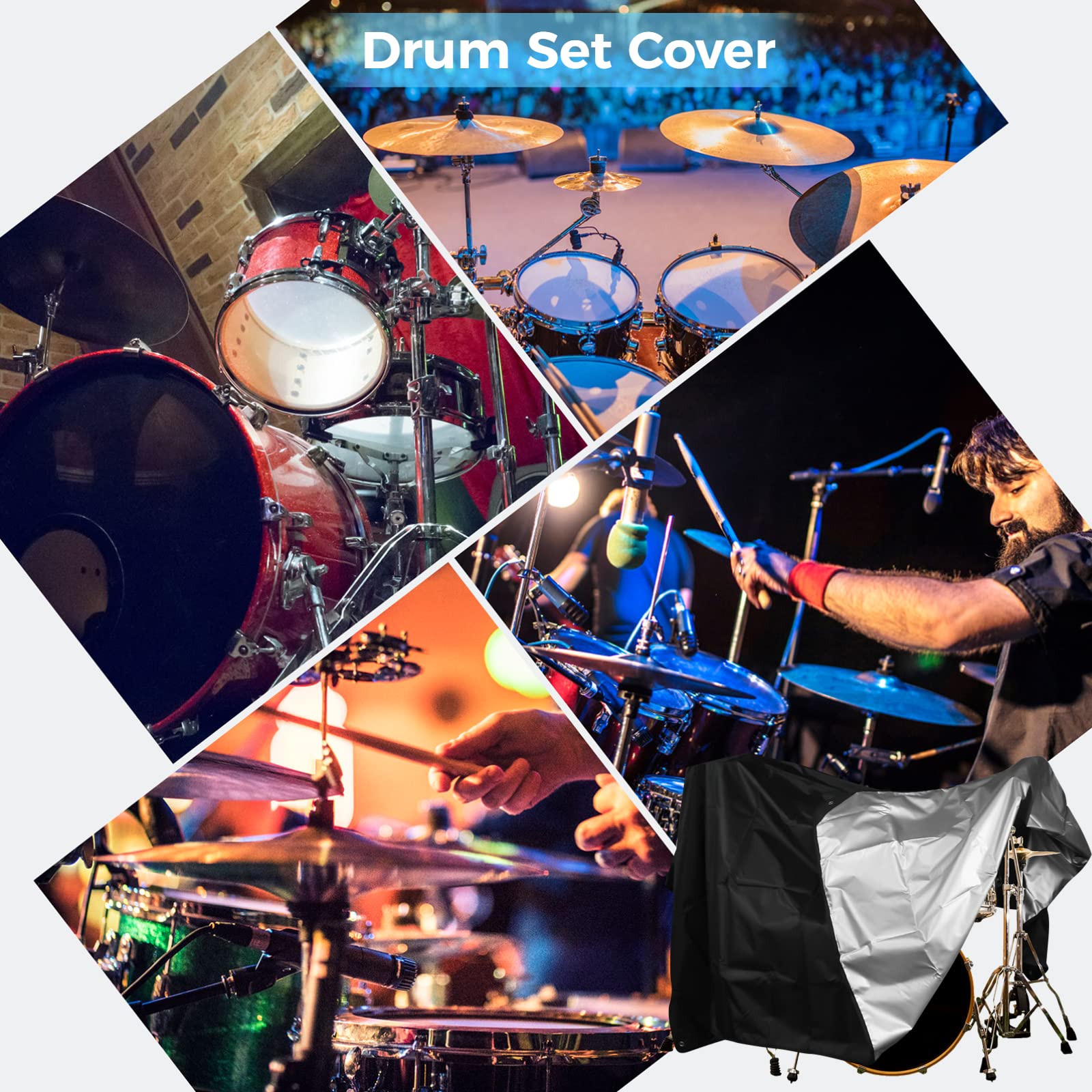 Drum Set Cover, Black Waterproof 420D Oxford Cloth Cover for Drum Set, Drum Set Dust Cover with Silver Coating Weighted Corners, Protective Cover from UV-Rays with Zipper Storage Bag
