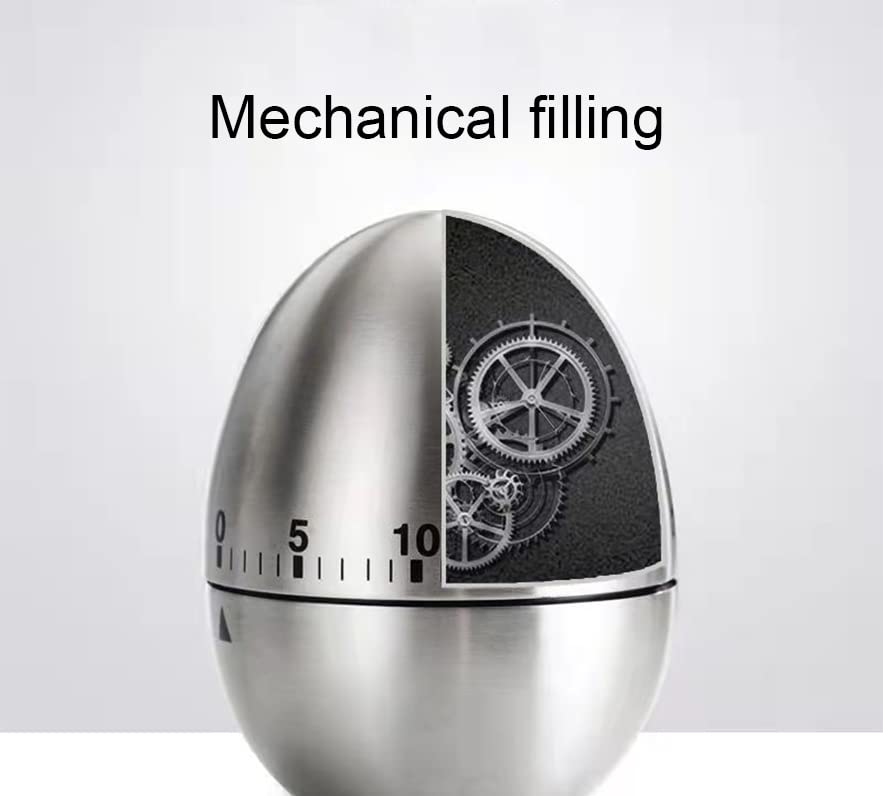 Egg Timer Stainless Steel Mechanical Rotating Alarm 60 Minutes Count Down Timer for Cooking Learning Egg Kitchen Timer(Silver,Egg Shape)