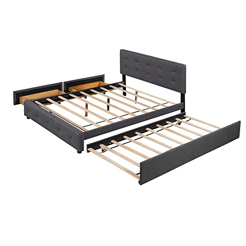 Queen Upholstered Platform Bed with 2 Storage Drawers and 1 Twin XL Trundle, Linen Fabric, Wood Bed Frame (Queen Size, Dark Gray)