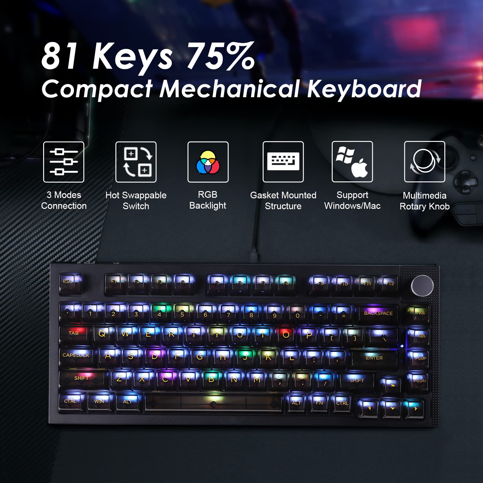 EasySMX Custom Gaming Keyboard, 75% Percent Full Size RGB Modular DIY Mechanical Keyboard, 81 Keys Hot Swappable 3pin/5pin Switch, Programmable Triple Mode Bluetooth/Wired/2.4GHz Wireless Connection