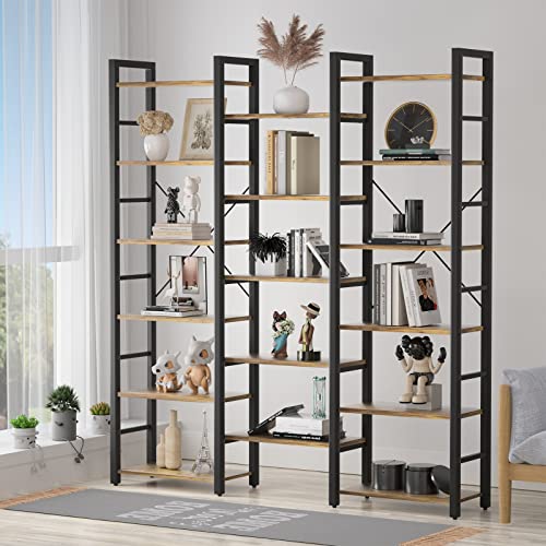 oneinmil Triple Wide 6-Shelf Bookcase Industrial Vintage Wood Style Large Open Bookshelves for Home&Office, Rustic Brown (6 Tier, Rustic Brown)