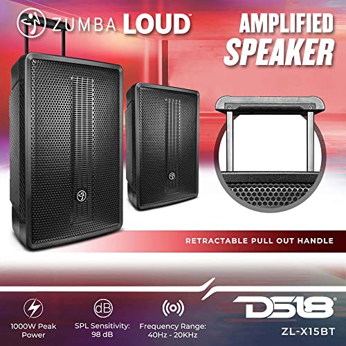 DS18 ZL-X15BT Zumba Loud 15" Self Powered 2-Way Loudspeaker Portable PA Speaker System, with MP3, USB & TWS Bluetooth, 1000 Watts - Perfect for Your Studio, Party, Dance Floor, Home or Outdoor Event