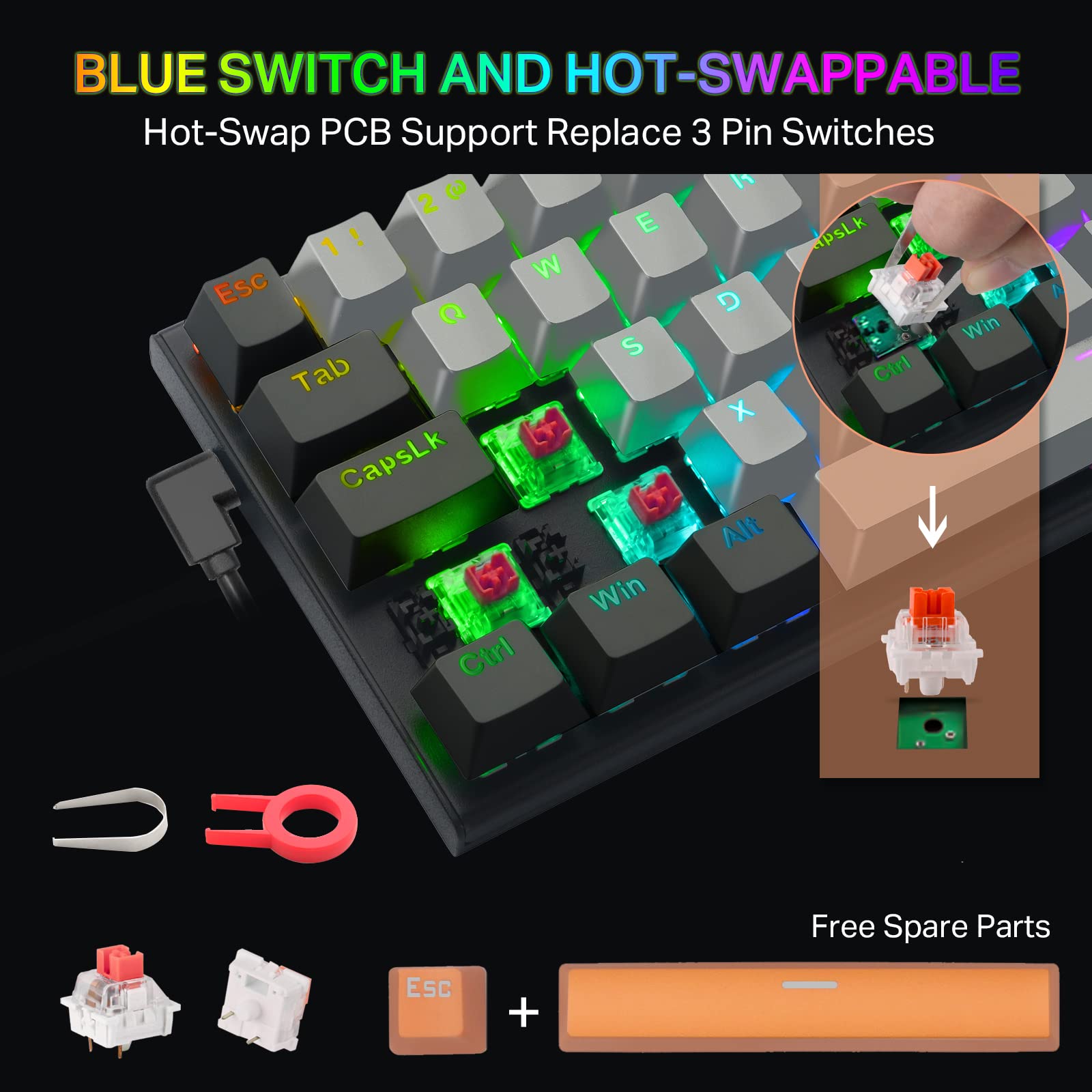 E-YOOSO 60% Wired Mechanical Gaming Keyboard, RGB Backlit Ultra-Compact 61 Keys Hot Swappable Mini Waterproof Wired Office Keyboard with Red Switches for Windows, Mac OS Gamers (Grey Black)