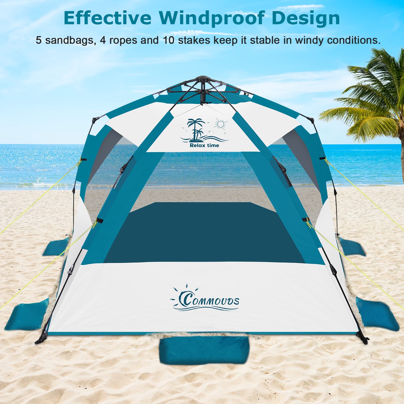 COMMOUDS 110" Wide Beach Tent for 5-6 Person, UPF 50+ Instant Beach Tent Sun Shelter, Portable Pop Up Beach Sun Shade, Lightweight and Easy Set Up