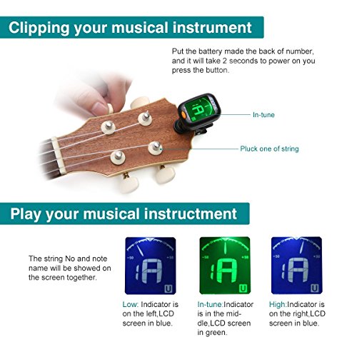 Clip On Guitar Tuner For All Instruments, Ukulele, Guitar, Bass, Mandolin, Violin, Banjo, Large Clear LCD Display For Guitar Tuner, Chromatic Tuner