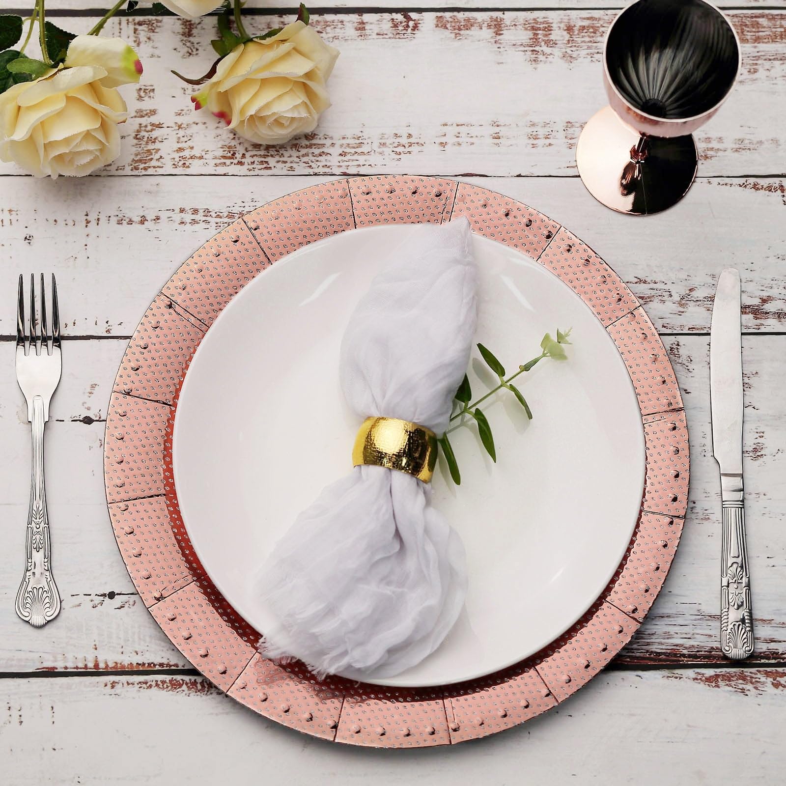 Efavormart 10 Pack | 13" Rose Gold Disposable Charger Plates, Cardboard Serving Tray, Round with Glitter Texture Dotted Rims - 1100 GSM