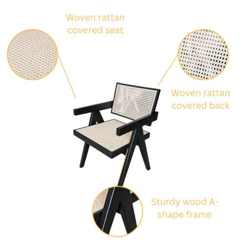 First of a Kind Rattan Cane Dining Chair - Mid-Century Modern Chairs with Mesh Back - Comfy Side Chair with Arms for Dining Room β Farmhouse Wooden Frame Accent Chair for Kitchen - Black