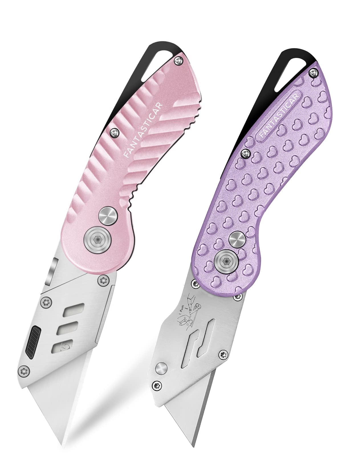 FantastiCAR Fancy Folding Utility Knife Box Cutter Set with Extra Blades (Pink and Purple)