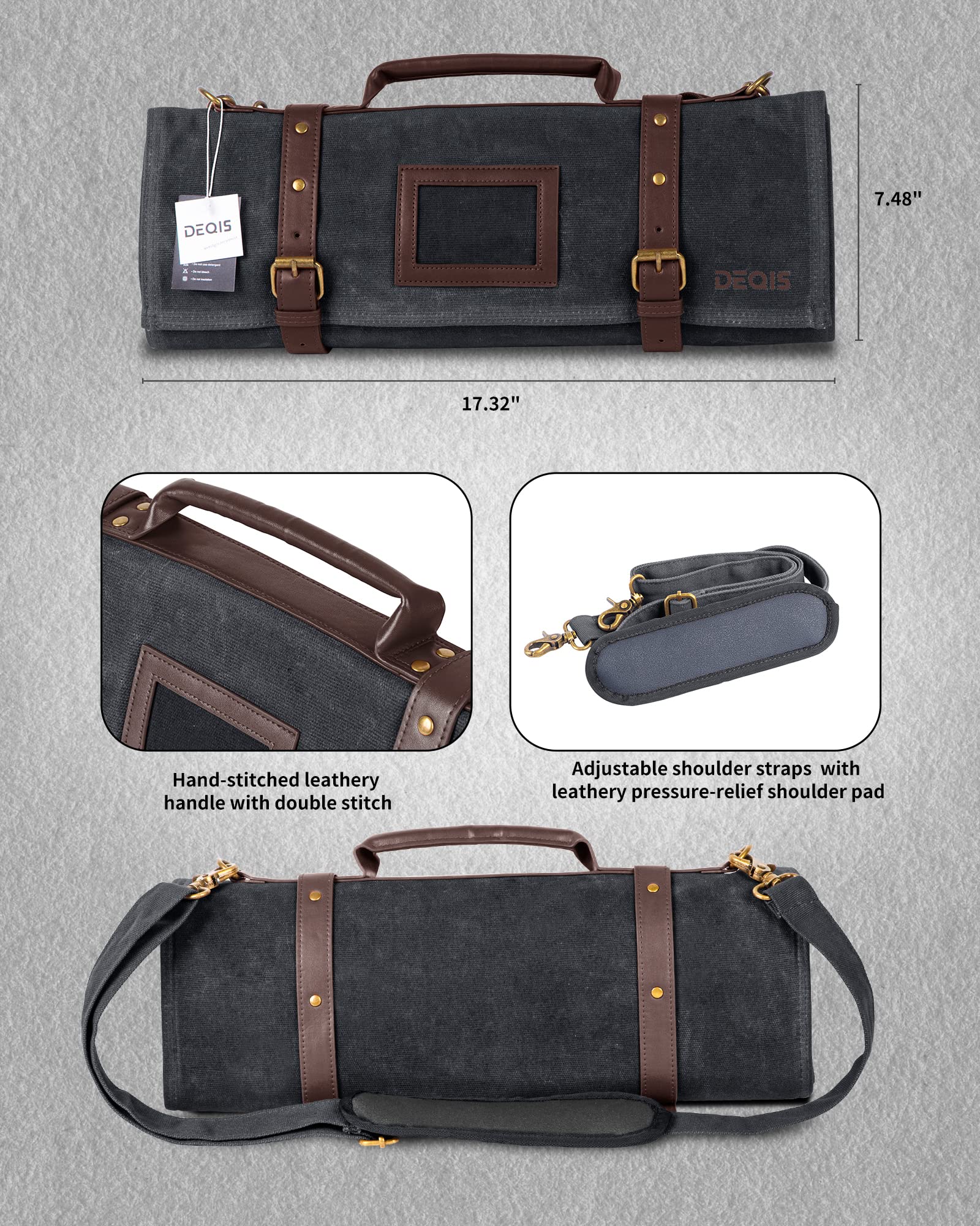 DEQIS Knife Roll Chef Waxed Canvas Bag Storage 13 Slots and 1 Large Zipper Pocket Carry Shoulder Strap Handle and Name Card Professional Folding Cooking Tools Case Organizer,Knives Not Included,Black