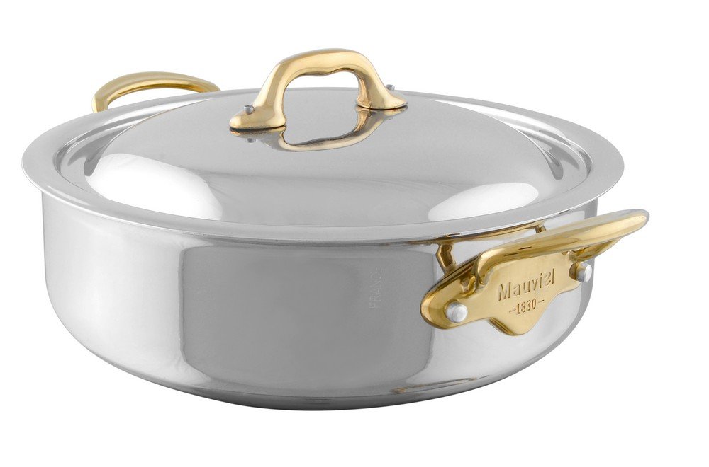 Mauviel M'Cook B 5-Ply Polished Stainless Steel Rondeau/Braiser Pan With Lid, And Brass Handles, 6-qt, Made In France