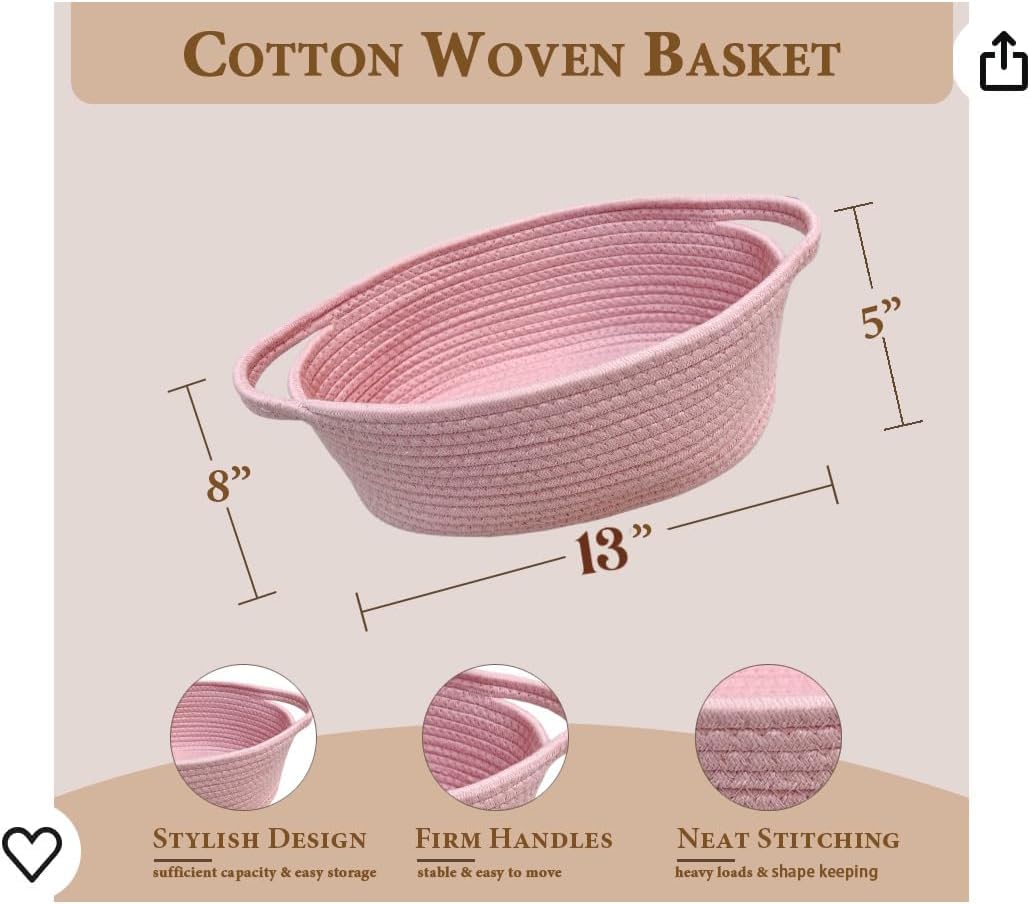GiftExpress Pink Woven Gift Basket, Clear Cellophane Bag & Ribbon - 13" x 8" x 5" Cotton Rope Empty Decorative Gifting Basket - Cute Soft Organizing Raffle Storage Bin w/ Handles