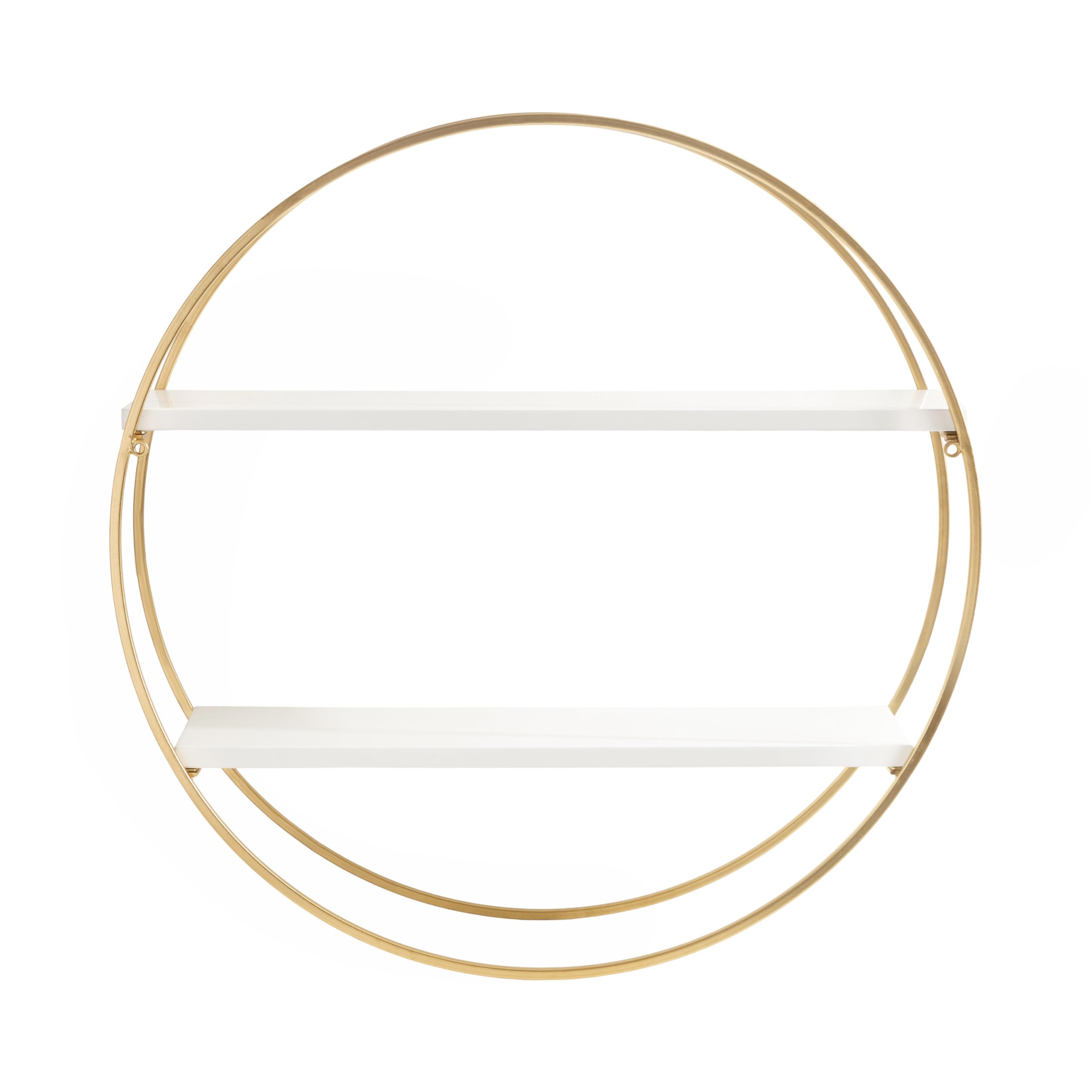 Kate and Laurel Sequoia Modern Round Wall Shelf, 24 Inch Diameter, White and Gold, Contemporary Glam 2-Tier Floating Shelf Decor for Living Room, Bedroom, or Bathroom Display