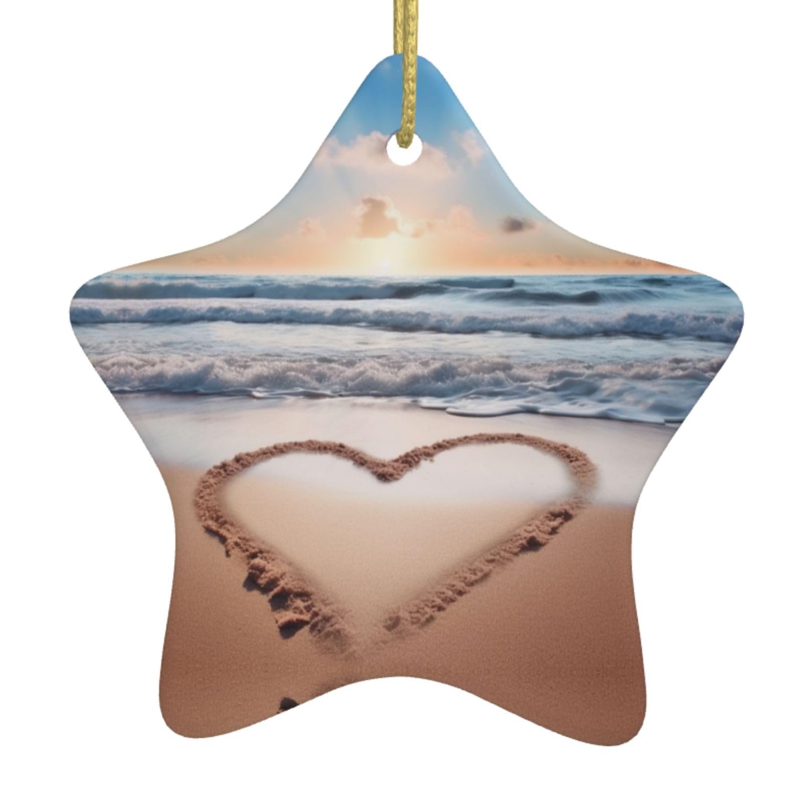 Christmas Tree Ceramic Hanging Star Shape Ornaments Heart Shape Romantic Beach Printed Christmas Ornaments with Gold Ribbon Ceramic Hanging Crafts for Xmas Holiday Party Decorations