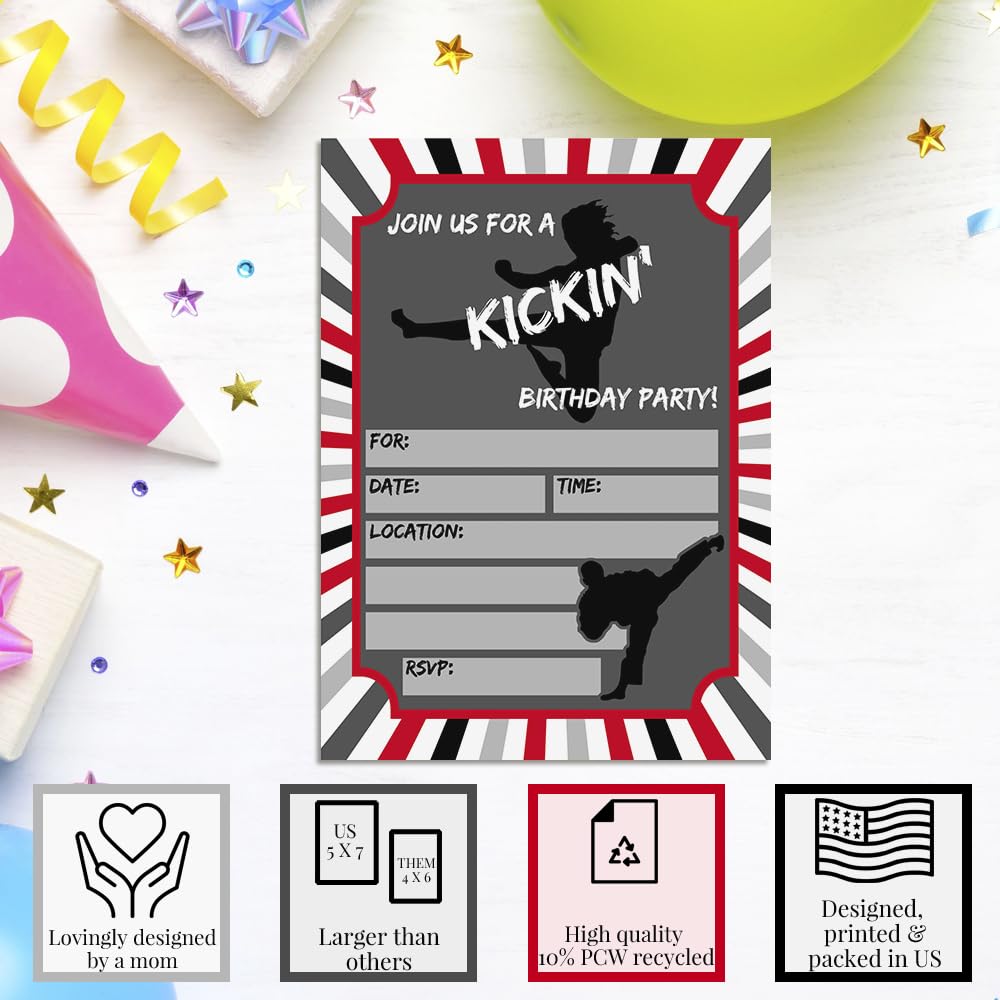 Karate, Tae Kwon Do, Martial Arts Birthday Party Invitations, 20 5x7 Fill In Cards with Twenty White Envelopes by AmandaCreation