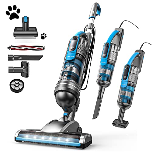 PINETAN PowerLift Upright Vacuum Cleaner, Corded and Bagless, Lightweight 2 in 1 Design with Motorized Pet Brush, HEPA Filter Sealed System, LED Headlights, 600W Strong Suction Power- UU561, Blue/Gray