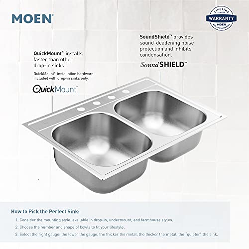 Moen GS18195B 1800 Series 23.5-inch 18 Gauge Undermount Single Bowl Stainless Steel Kitchen Sink, Rear Drain