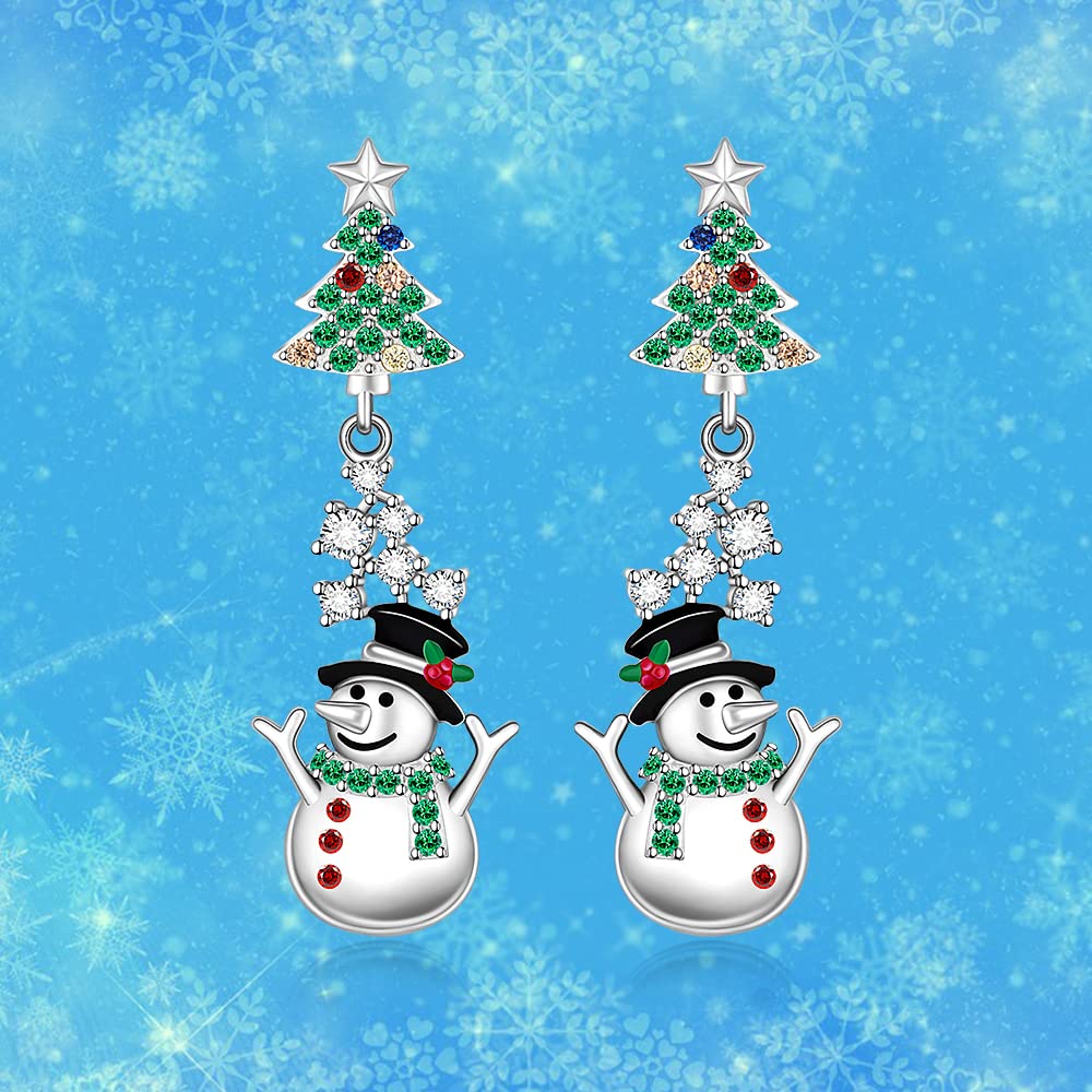 Christmas Tree Snowman Earrings for Women Sterling Silver Tree with Star Holiday Dangle Drop Earrings Winter Colorful CZ Xmas Gift