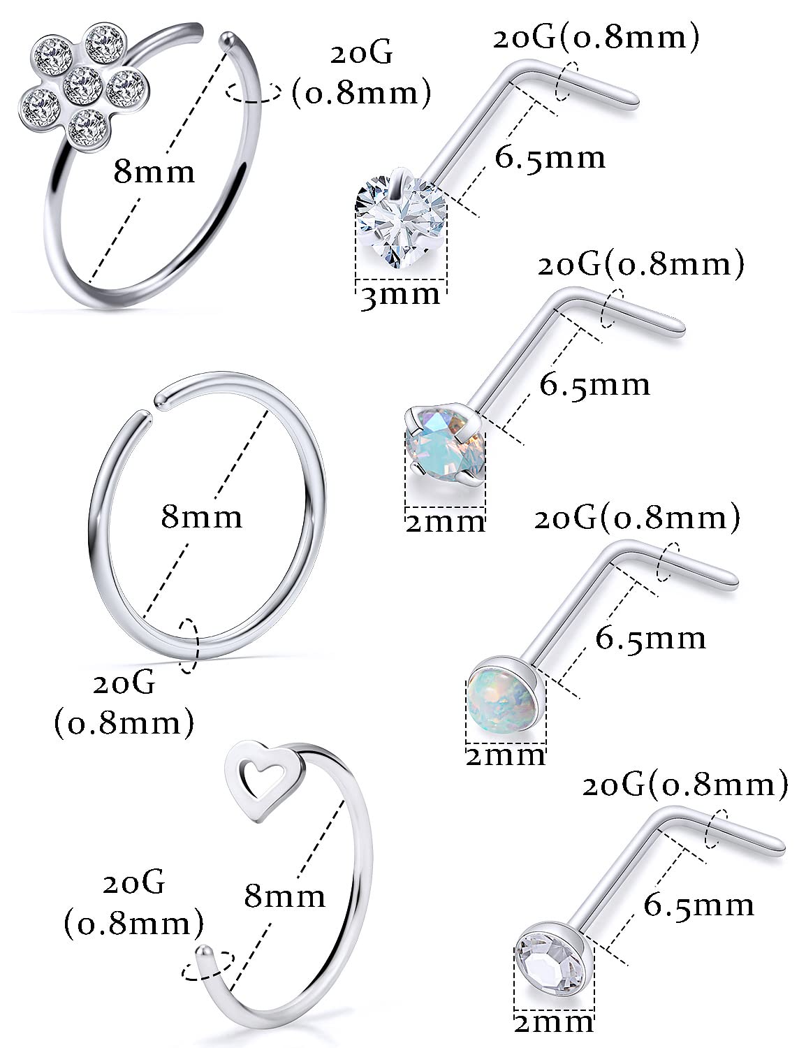 Eakxnig 20G Surgical steel Nose rings hoops L Shaped nose Stud CZ Opal Flower nose piercing Kit nostril Piercing Studs Small Nose Sutd Cute Nose Piercing Studs