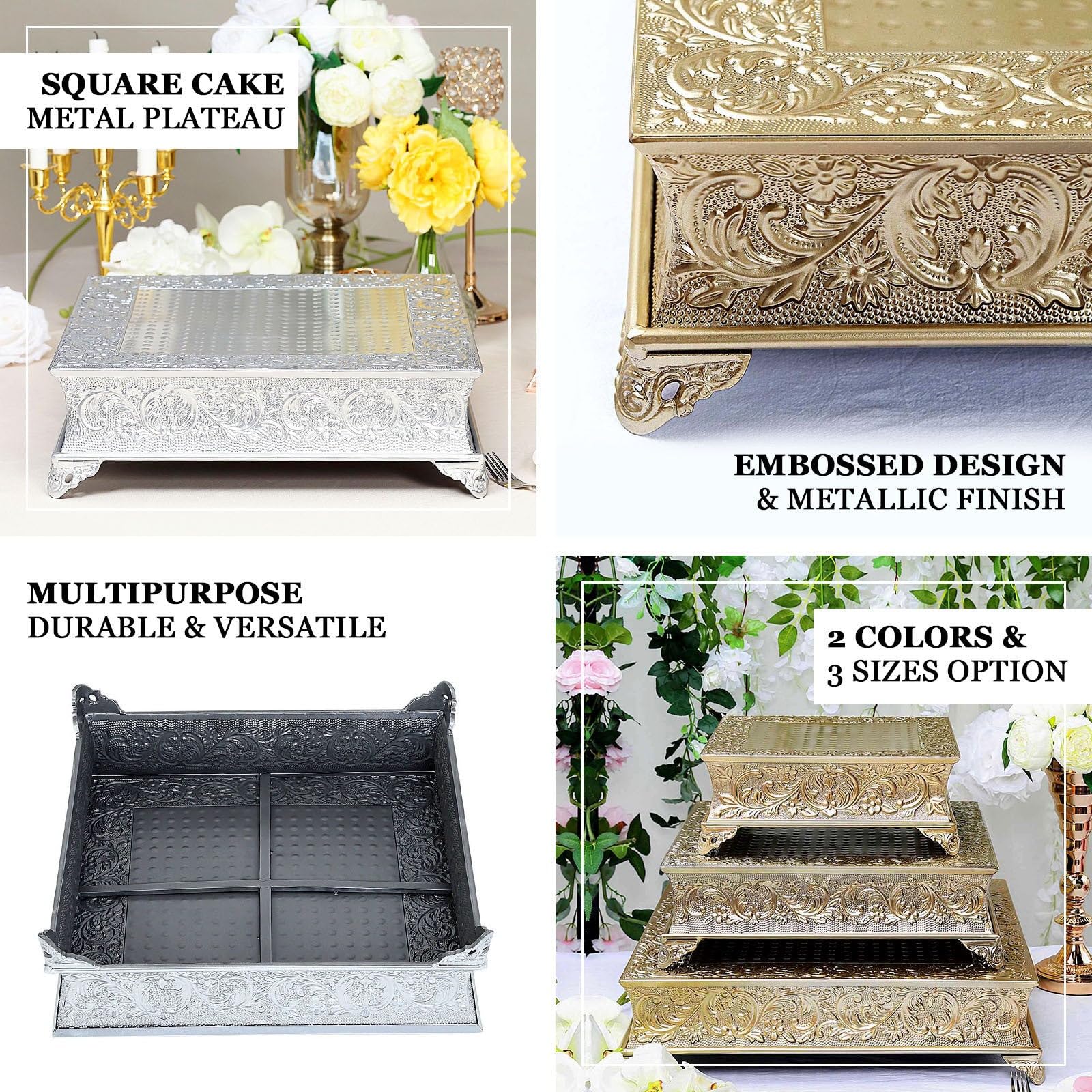 Efavormart 22” Gold Square Embossed Metal Cake Plateau Stand Riser Wedding Birthday Party Dessert Cake Pedestal Display Plate