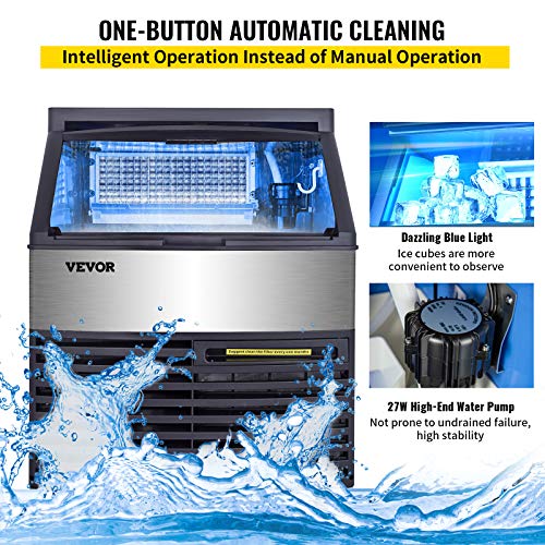 VEVOR 110V Commercial Ice Machine 440LBS/24H with 77LBS Bin, Full Cube, LED Panel, Stainless Steel, Air Cooling, ETL Approved, Professional Refrigeration Equipment, Include Scoop and Connection Hose
