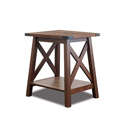 Rainbow Sophia Side Table End Table for Living Room, Farmhouse Accent Wood Nightstand for Bedroom with 2-Tier Storage, Dark Walnut