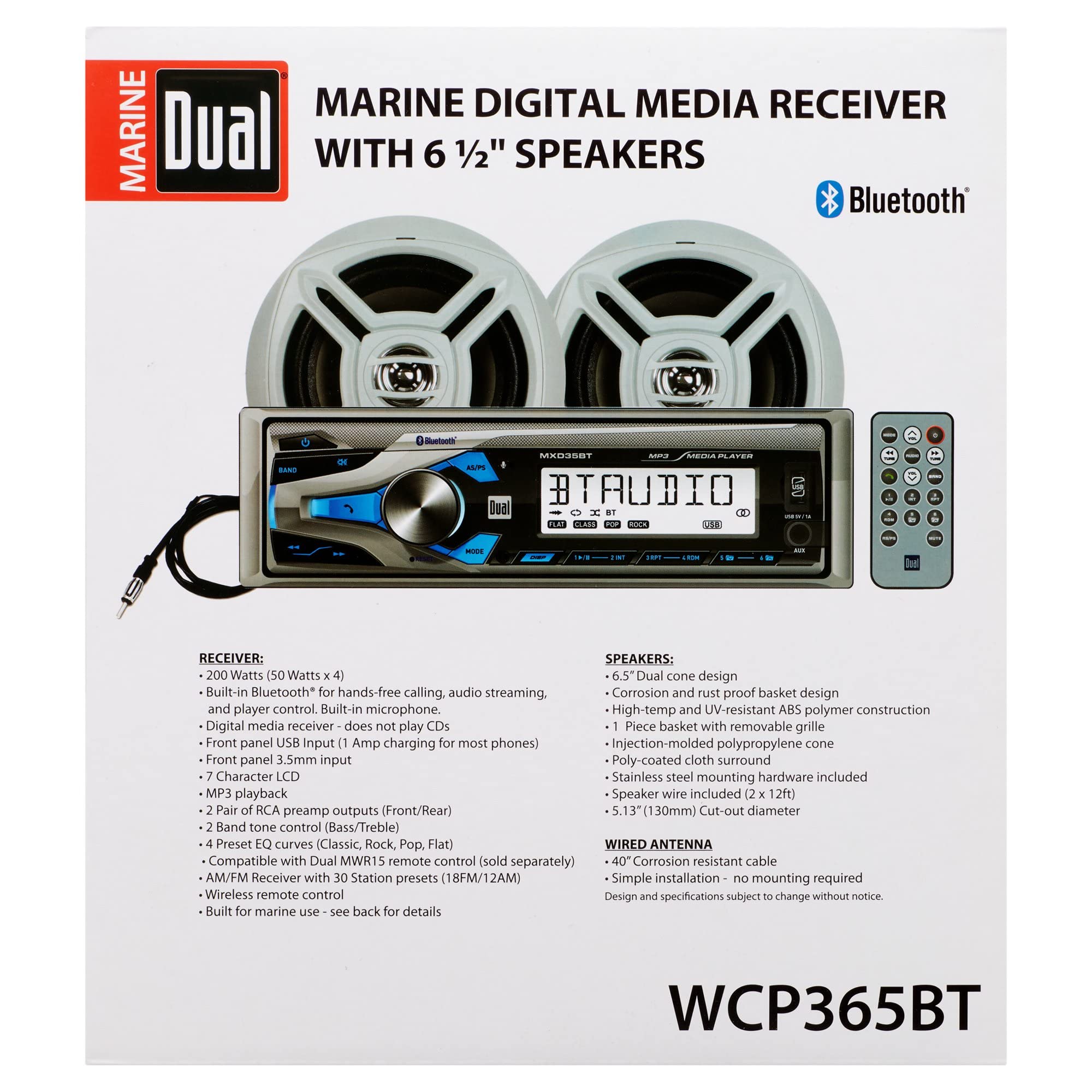 Dual Electronics WCP365BT Marine Single DIN Stereo Receiver with AM/FM Tuner, Built-in Bluetooth, USB Port, Two 6.5 inch Dual Cone Marine Speakers & Marine Antenna Combo