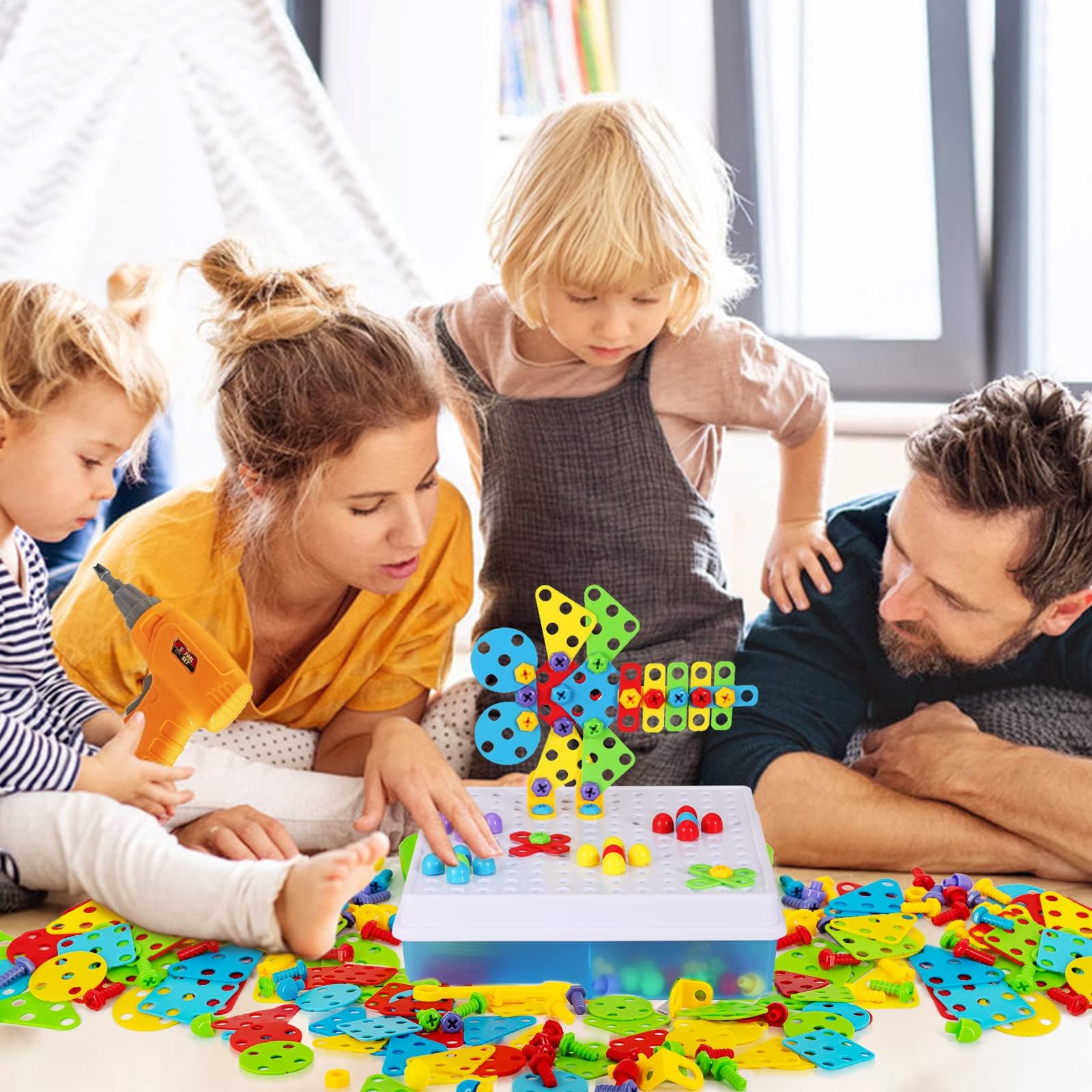 SUPSTEM Creative Toys for Kids 4-8, Mosaic Drill Set with Screwdriver Tool Playset, Electric Drill Toy with Rainbow Fasteners, Premium STEM Building Set for Ages 3+
