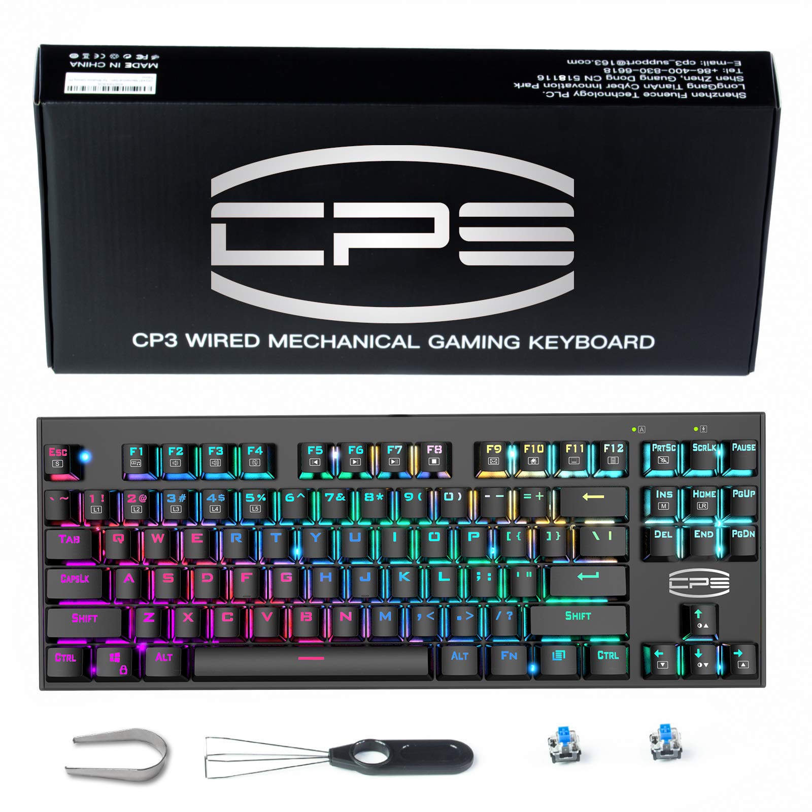 CP3 TKL Mechanical Gaming Keyboard RGB Backlit Wired Keyboard Anti-ghosting 87 Keys Quiet Mechanical Keyboard with Hot Swappable Blue Switches for Laptop, Windows, PC Games and Work