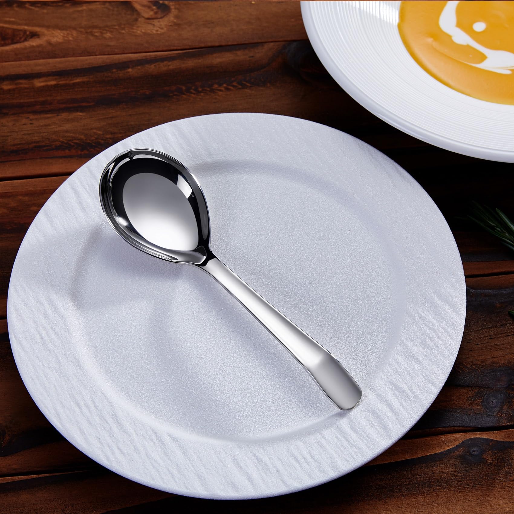 KEAWELL Premium 7.3 Inches Soup Spoons with Hook Handle, Set of 4, 18/10 Stainless Steel, Deep Bowl, Perfect for Ramen, Pho, Miso, Dumplings, Noodles, Wonton, Dishwasher Safe (Curved-Handle)
