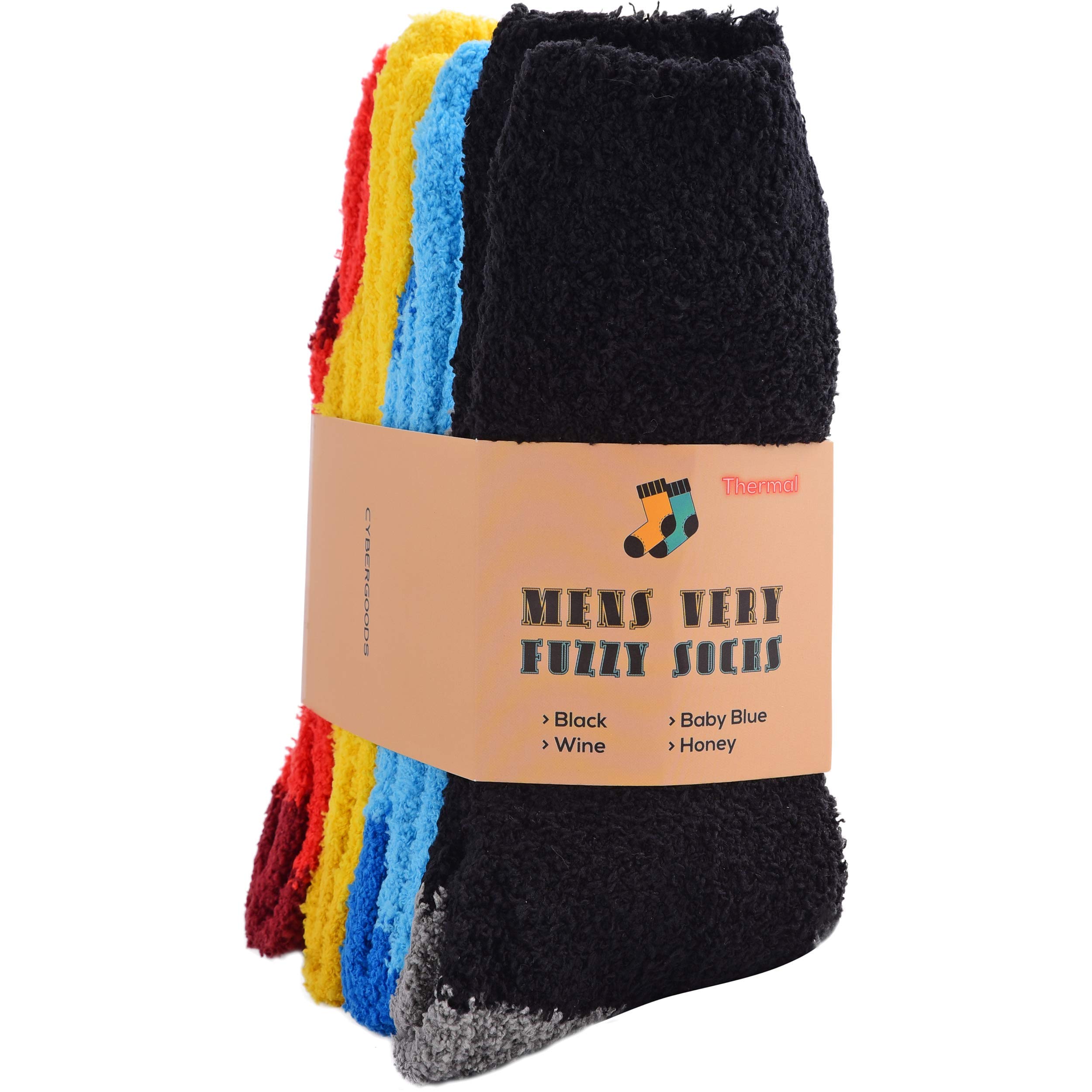 CyberGoods Men's Very Fuzzy Socks,Thermal,One Size Fits All,4 Pack,Black,Baby Blue,Honey Yellow,Wine Red