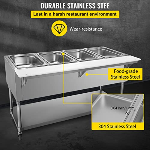 VEVOR Commercial Electric Food Warmer, 4-Pot Steam Table Food Warmer 0-100℃ w/ 2 Lockable Wheels, Professional Stainless Steel Material for Catering and Restaurants