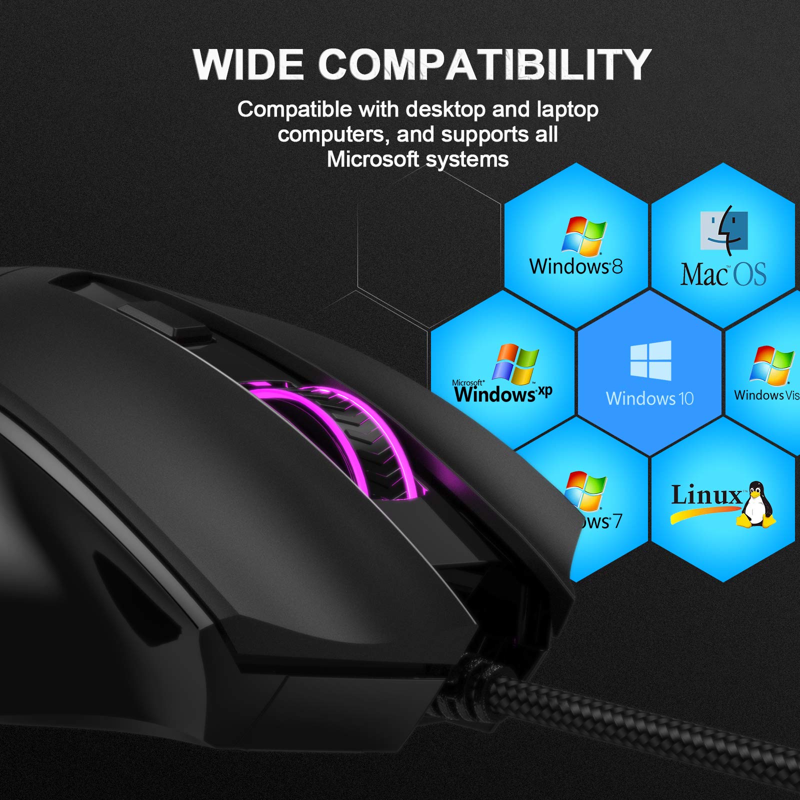 CP3 Wired Gaming Mouse 3200 DPI Adjustable Computer Mouse 6 Buttons PC Gaming Mice with 4 LED lighting for Desktop Laptop and PC, Compatible with Windows 7/8/10/XP Vista Linux
