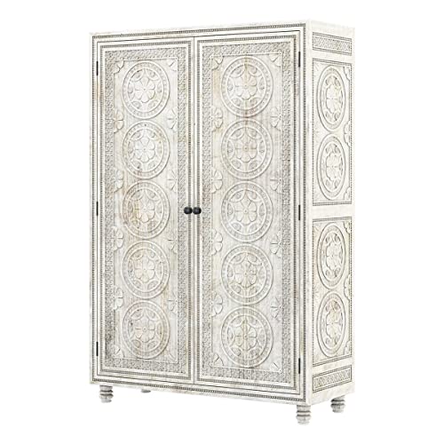 Khalifa Hand Carved Wardrobe Armoire - Weathered White Finish Mango Wood