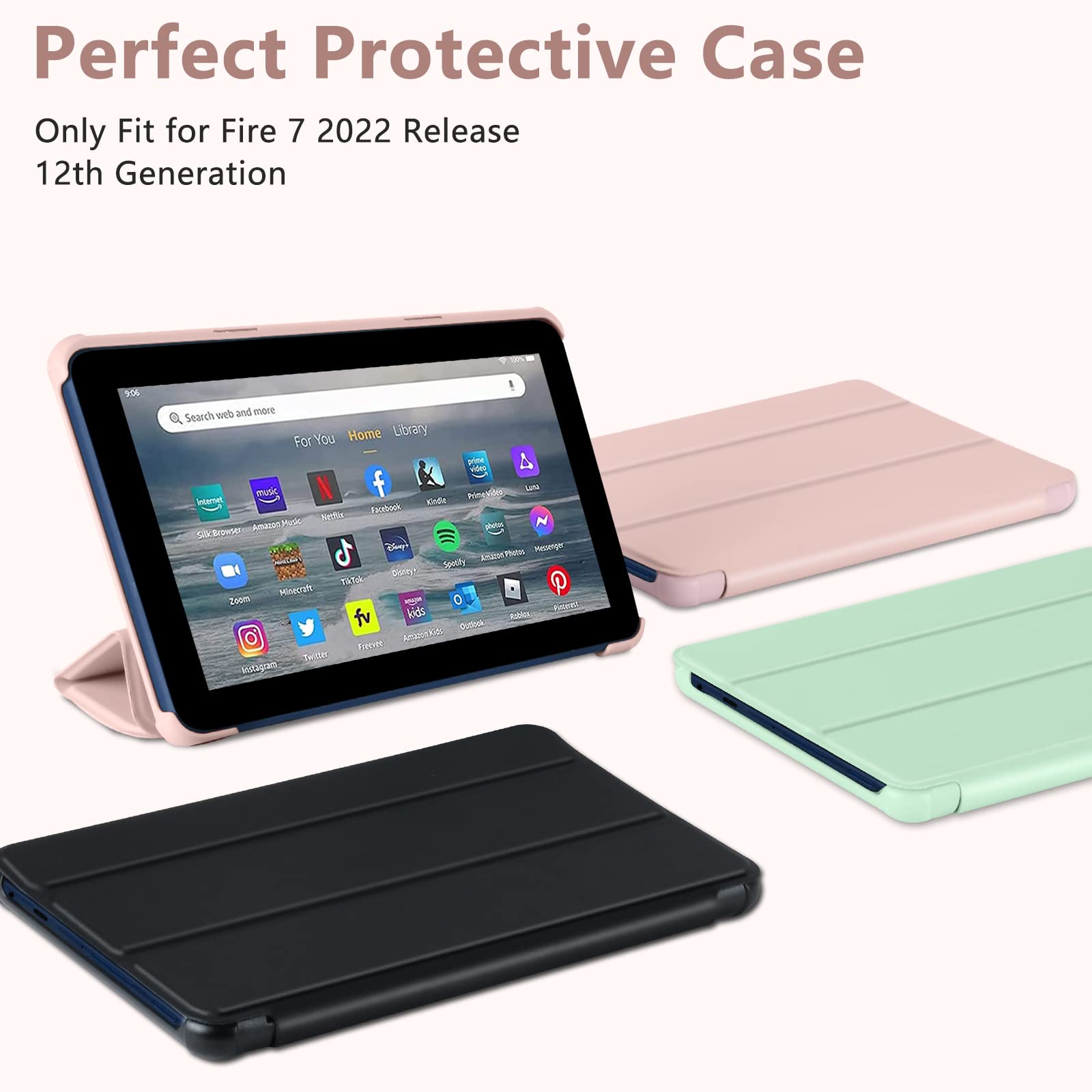 COO Case Fits Amazon All-New Kindle Fire 7 Tablet (2022 Release-12th Gen) Latest Model 7",Trifold Stand - Ultra Light Slim Fit Protective Cover with Auto Wake/Sleep (Pink)