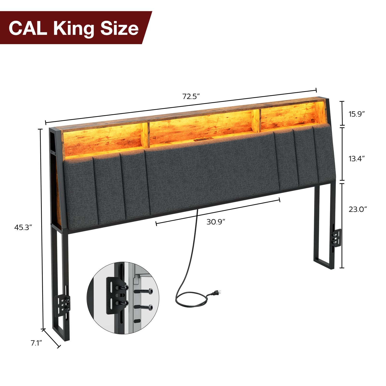 IKIFLY Hidden Storage Headboard California King Size with Charging Station, Ergonomic Upholstered Cal King Headboard Only with LED Lights, 2 Outlets & 2 USB Ports, Easy Assembly, Dark Grey