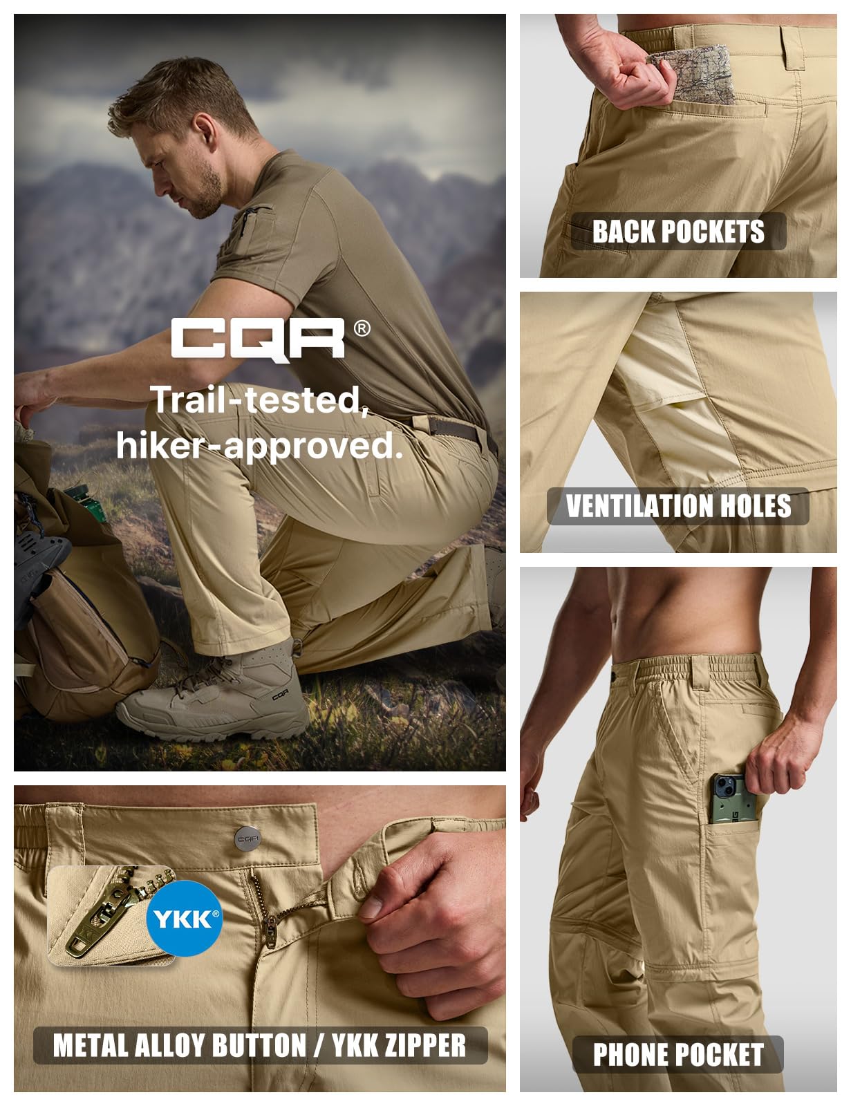CQR Men's Convertible Cargo Tactical Pants, Water Resistant Outdoor Hiking Pants, Zip Off Lightweight Stretch Work Pants, Lightweight Convertible Cargo Charcoal, 34W x 30L