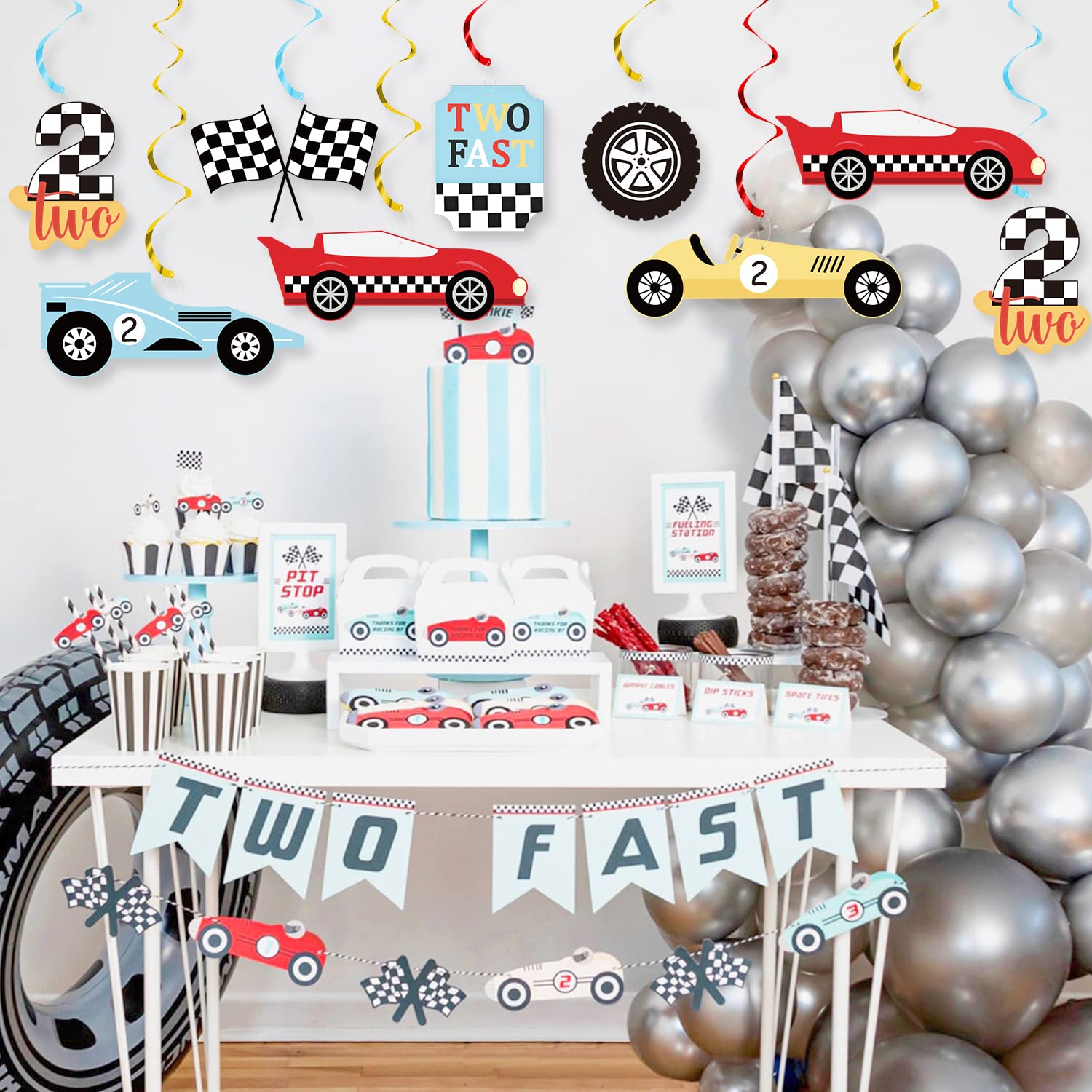 K KUMEED Race Car Two Fast Party Hanging Swirls Checkered Flags Racing Birthday Party Foil Ceiling Decorations for Kids Boys Men Racing Theme 2nd Birthday Party