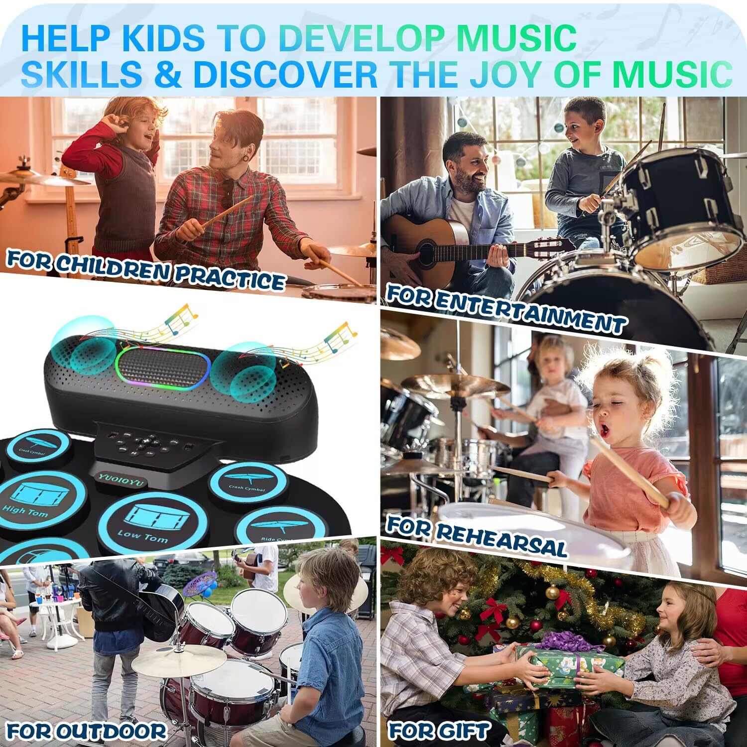 Electronic Drum Set - YUOIOYU Electric Drum Set Roll Up Potable Drum Kit MIDI Practice Drum Pad with Dual Built-in Speaker, Drum Sticks and Pedals,Christmas Birthday Gift for Kids Adult