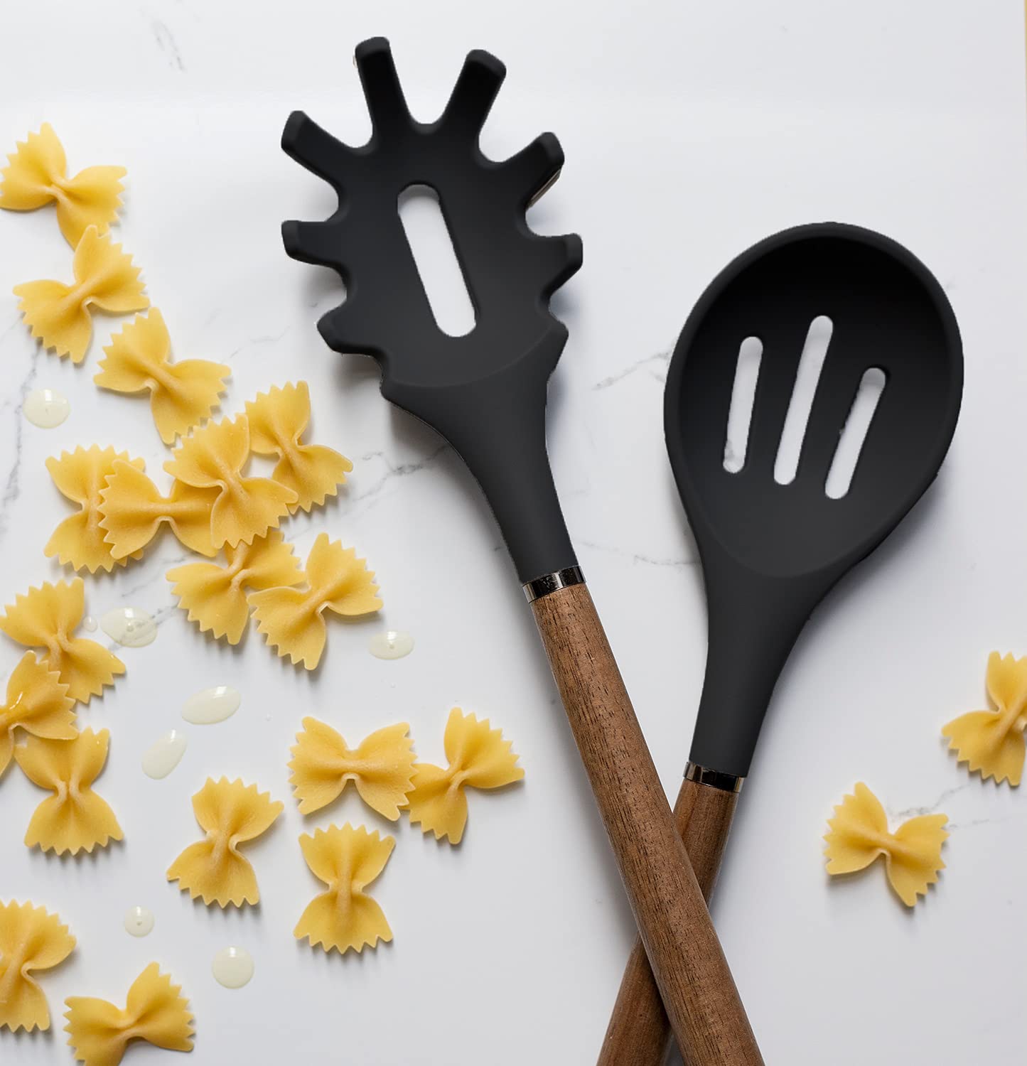 Country Kitchen Silicone Cooking Utensils, 8 Pc Kitchen Utensil Set, Easy to Clean Wooden Kitchen Utensils, Cooking Utensils for Nonstick Cookware, Kitchen Gadgets and Spatula Set - Mint Green