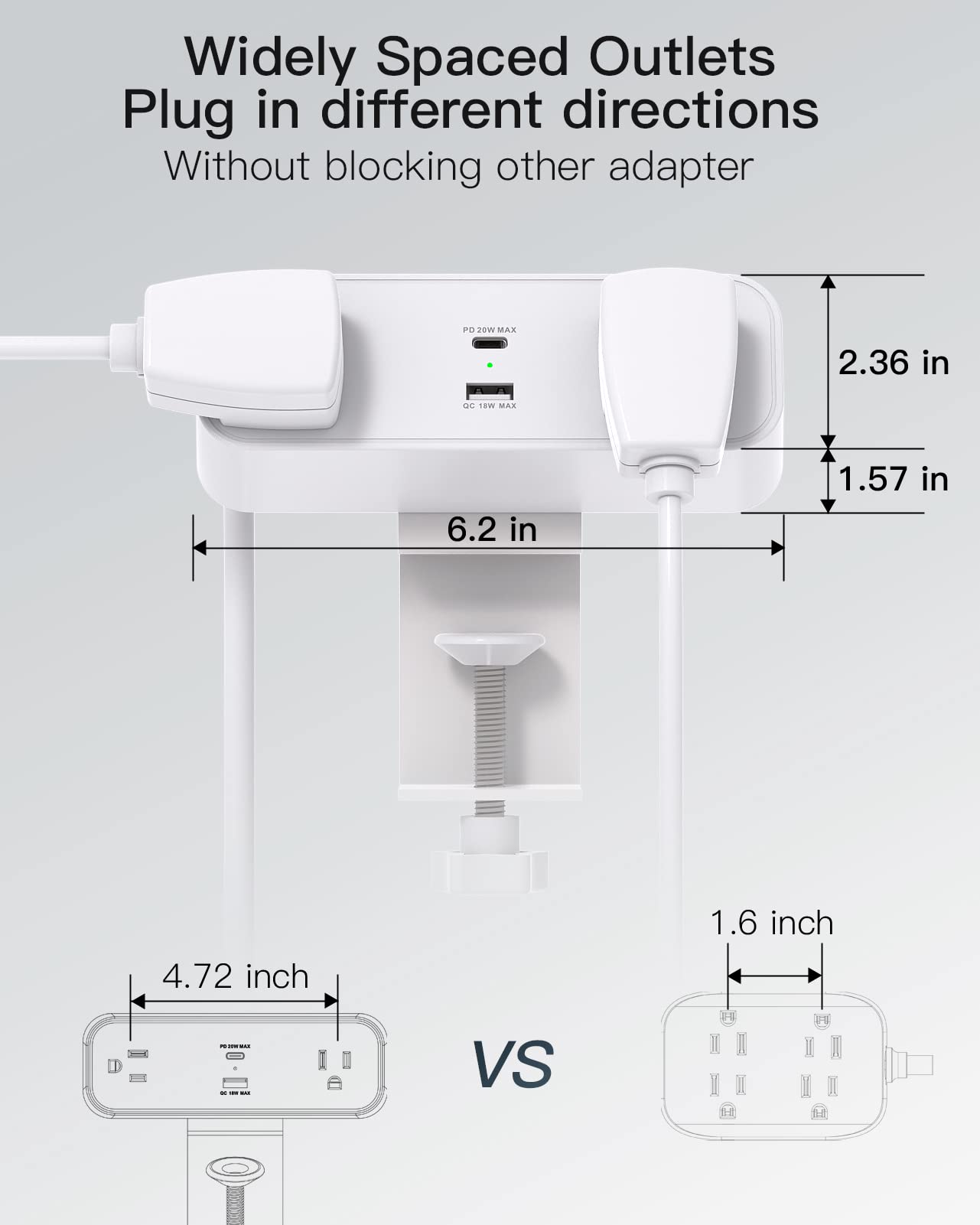 Desk Clamp Power Strip 10ft Flat Plug Extension Cord with USB C, 2 Outlets, Surge Protector USB C (PD 20W), USB A(QC 18W) Fast Charging Ports,Table Outlets for Home, Office