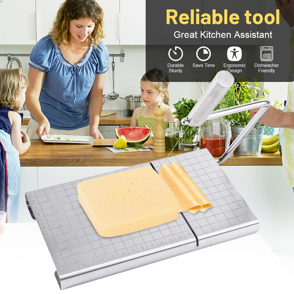 EYYVRE Cheese Slicers for Block Cheese Heavy Duty, Stainless Steel Cheese Slicer & Cheese Cutter with 10 Replacement Wires, Cheese Butter Cutter Board with Accurate Size Scale for Baking