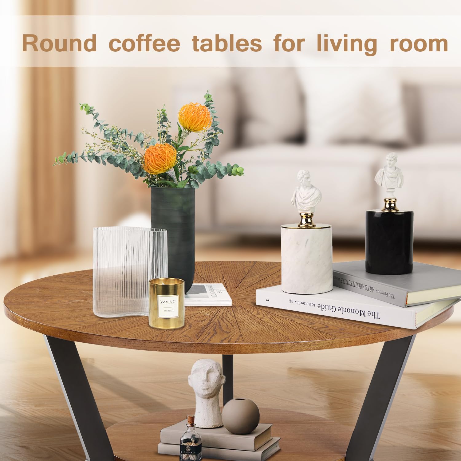 Gravilithic Round Wood Coffee Table for Living Room, 2-Tier Rustic Circle Coffee Table with Storage, Solid Natural Coffee Table with Metal Legs, Radial Pattern 35โx 17โ