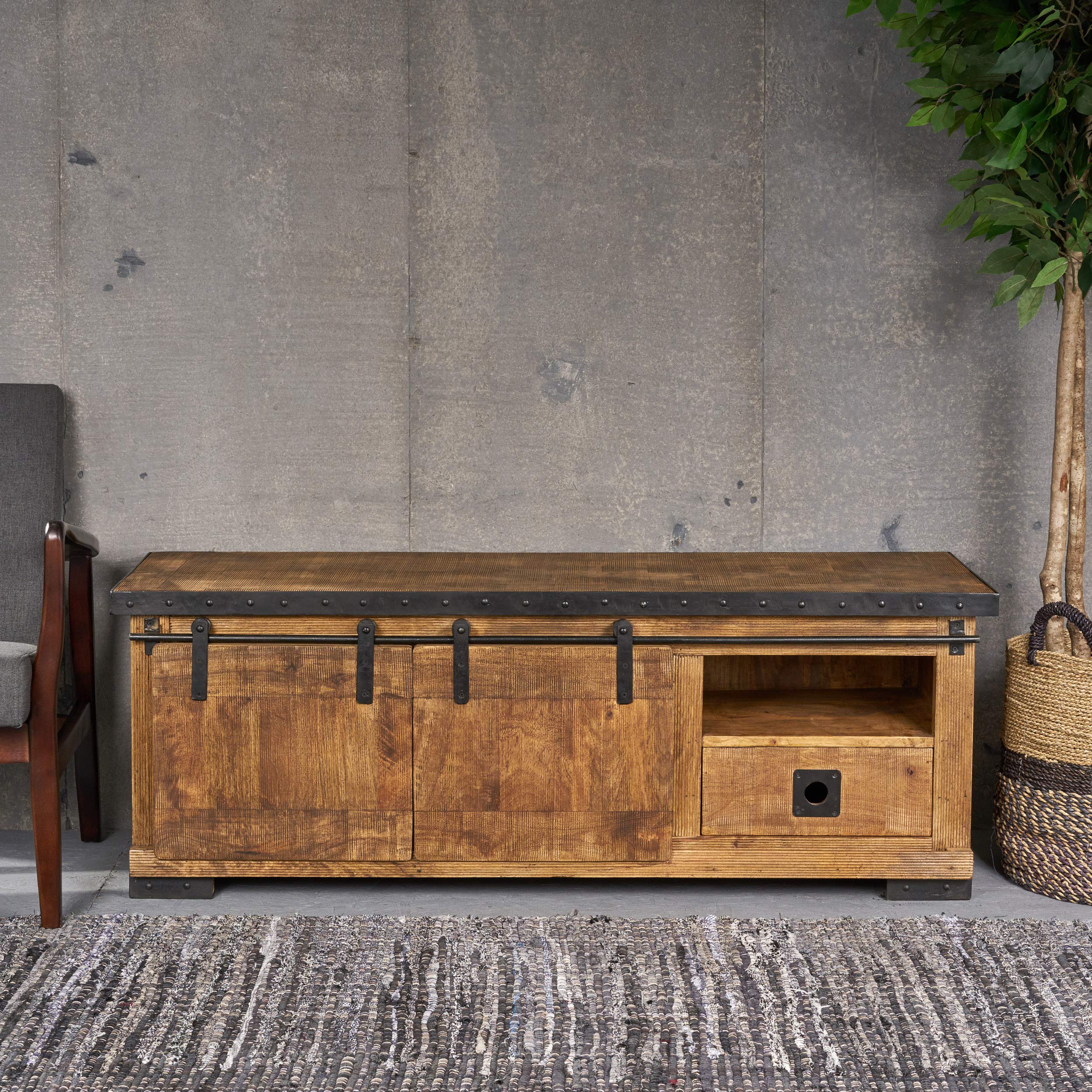 Christopher Knight Home Madge Modern Industrial Mango Wood TV Stand, Natural Finish, Black