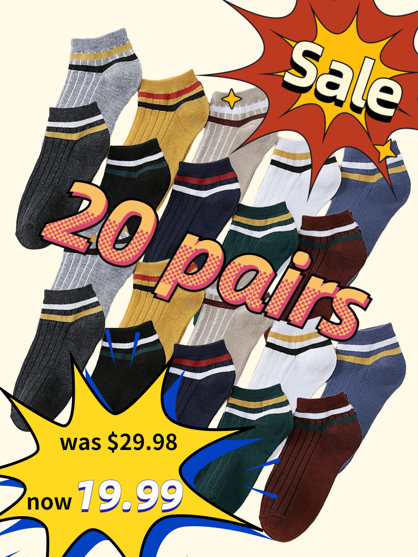 Duboby Solid Casual Men Socks Multi-Pair Combo, Spring Crew Socks, Ankle Socks, No Show Socks, Multicolor Striped Daily Socks (20 Pairs+Combo 1)