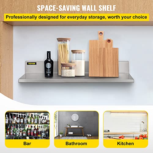 VEVOR Stainless Steel Wall Shelf, 8.6'' x 30'', 44 lbs Load Heavy Duty Commercial Wall Mount Shelving w/Backsplash for Restaurant, Home, Kitchen, Hotel, Laundry Room, Bar (1 Pack)