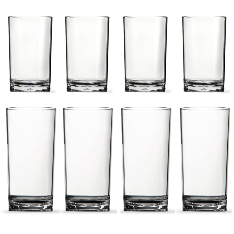 US Acrylic Classic Clear Plastic Reusable Drinking Glasses (Set of 8) 9oz Juice & 16oz Water Cups | BPA-Free Tumblers, Made in USA | Top-Rack Dishwasher Safe