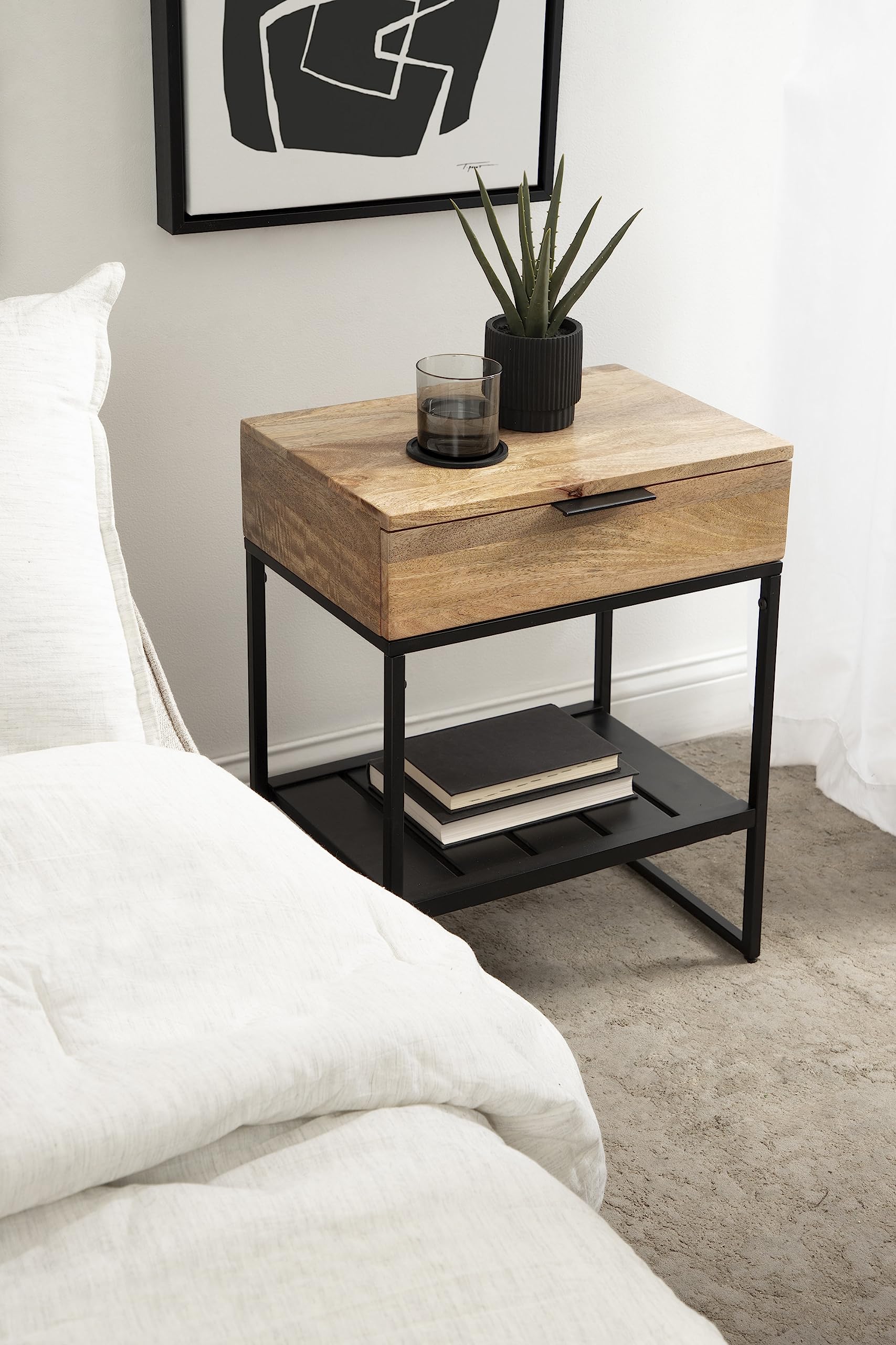 Kate and Laurel Malone Modern Wooden Side Table with Metal Shelf, 18 x 13 x 25, Natural Brown and Black, Transitional Wood Nightstand with Storage Shelf Below